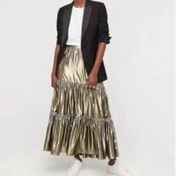 J. Crew | Skirts | Metallic Gold Tiered Maxi Skirt | Poshmark